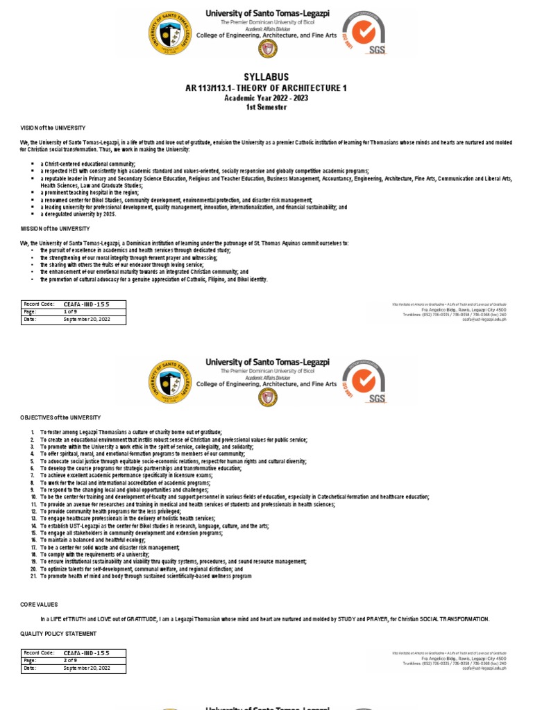 Theory of Architecture 1 Syllabus | PDF | University | Expert