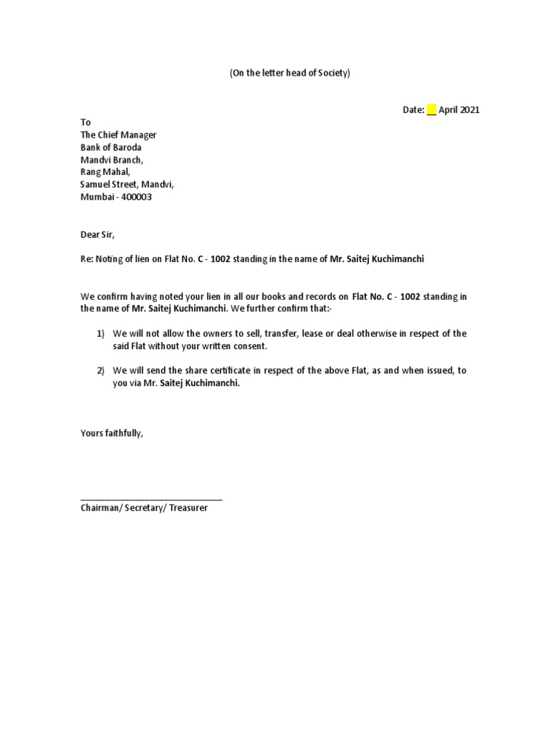 C 1002 - Bank of Baroda NOC Format | PDF