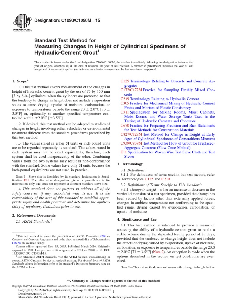 ASTM C 1090 - Cilindros de Grautes de Cimento Hidráulico - Medição Na ...