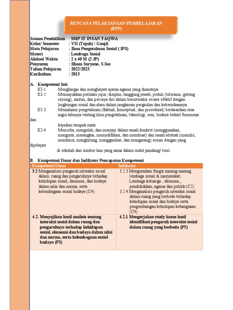 RPP Rencana Aksi 1 Revisi Terakhir | PDF