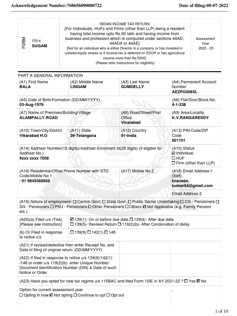 ITR-4 Filing Acknowledgment 2022 | PDF | Tax Deduction | Tax Refund