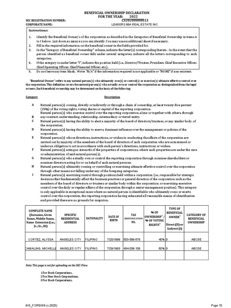 For The Year: 2022 Beneficial Ownership Declaration CS20200000013 | PDF ...