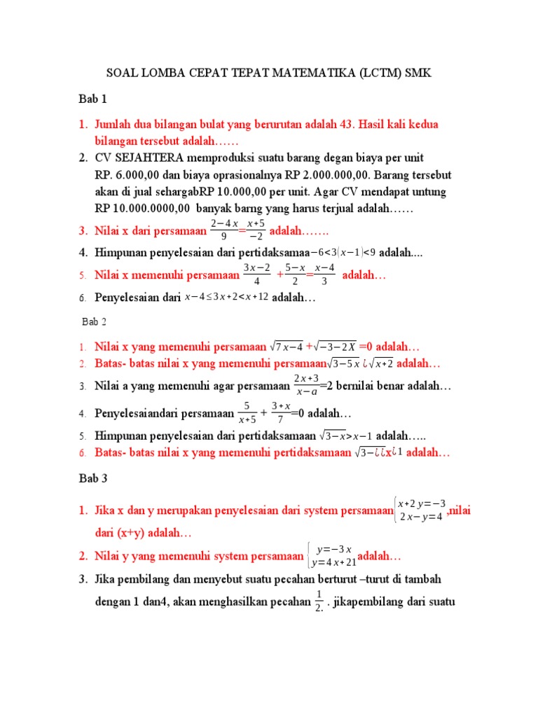 Soal Lomba Cepat Tepat Matematika (LCTM) SMK | PDF