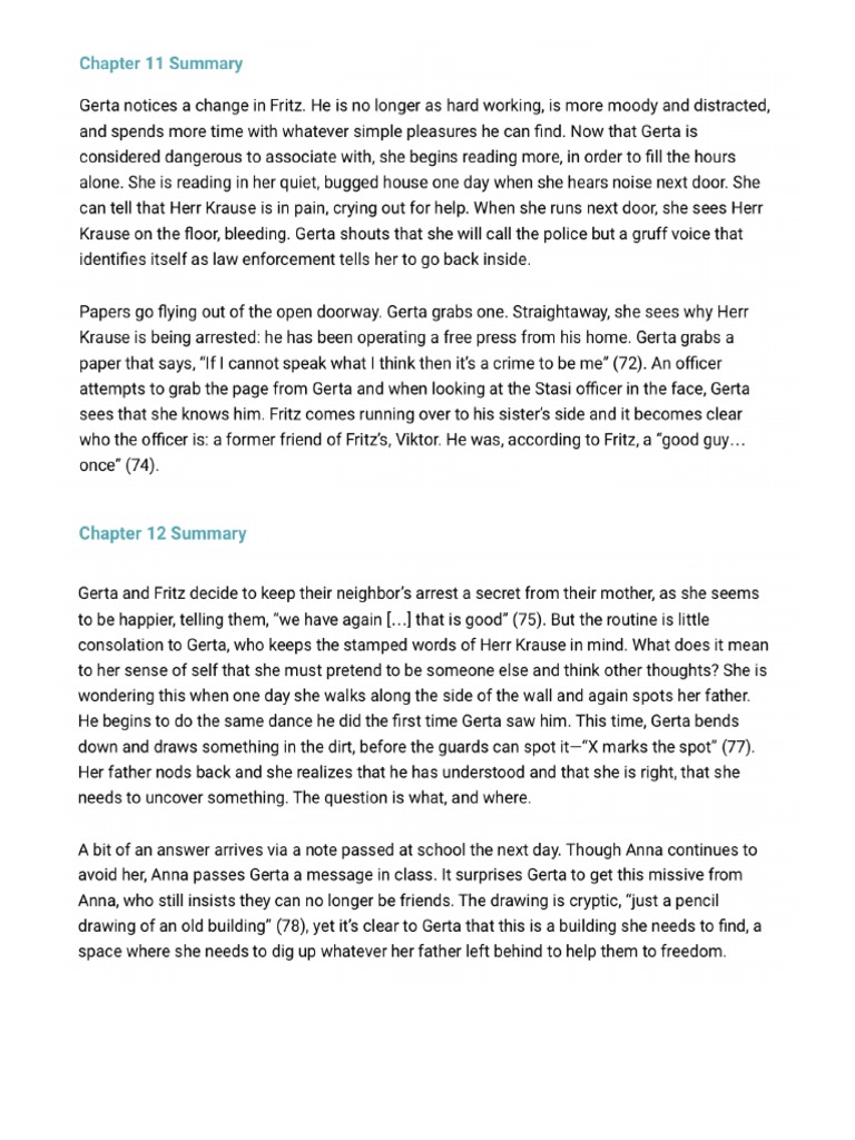 A Night Divided Chapter Summaries - 11-12 | PDF