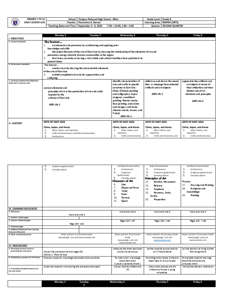 2nd Quarter Arts DLL Grade 8 November 7 11 2022 | PDF | Learning ...