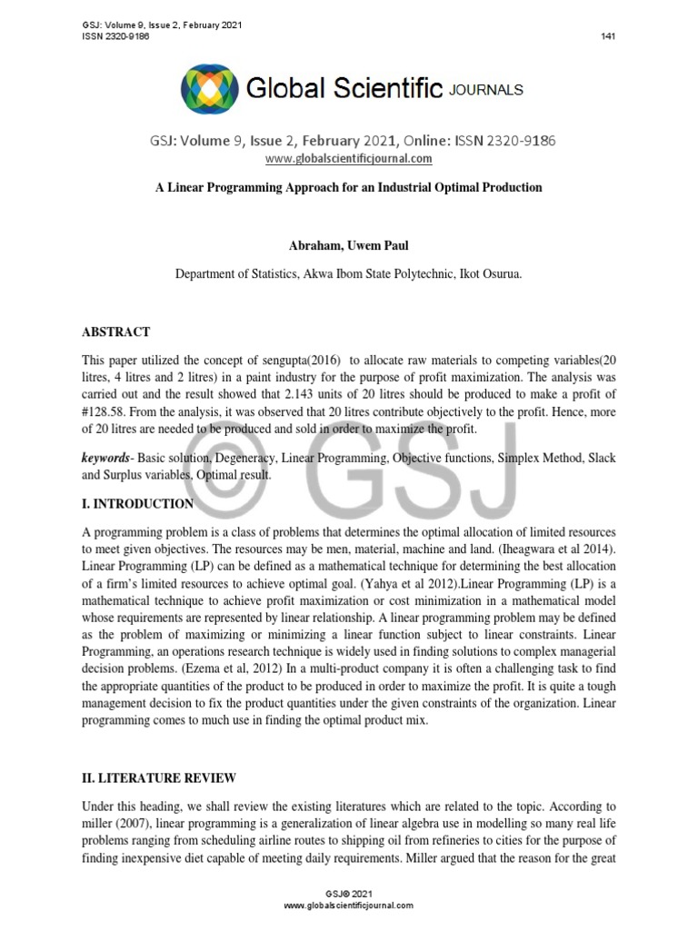 A Linear Programming Approach For An Industrial Optimal Production