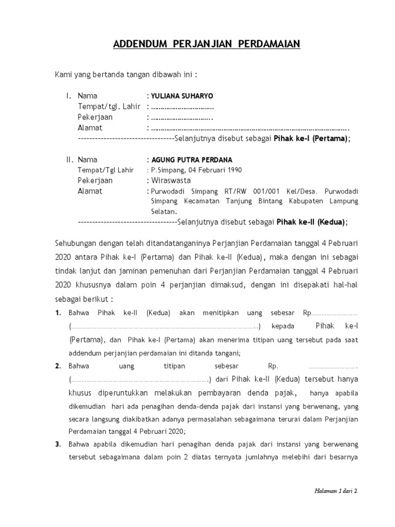 ADDENDUM PERJANJIAN PERDAMAIAN. Edit | PDF