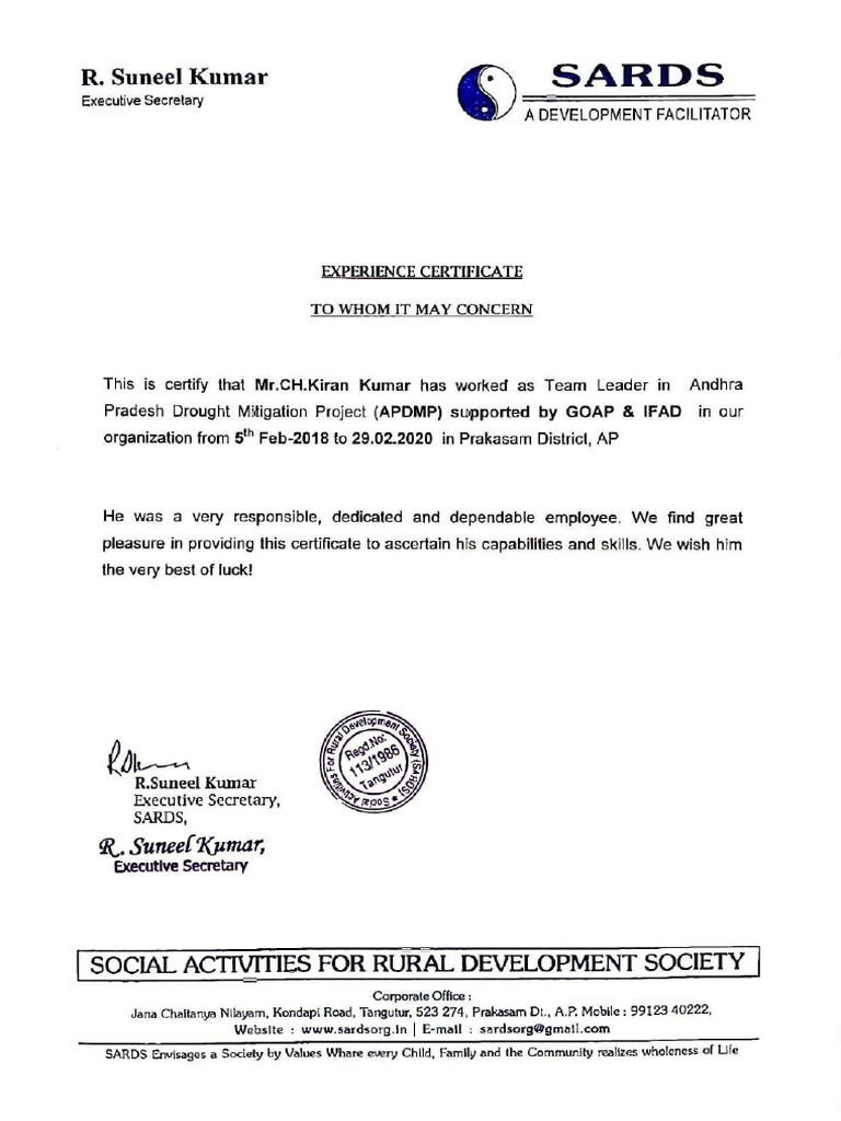 CH - Kiran Kumar APDMP Service Certificate | PDF