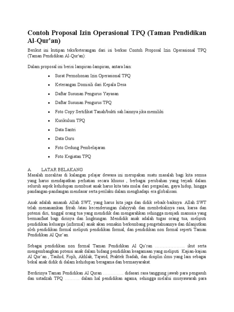 Contoh Proposal Izin Operasional TPQ | PDF