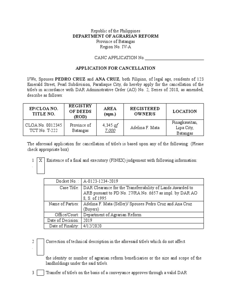 Application For CLOA Cancellation (Portion of Lot) | PDF | Government ...