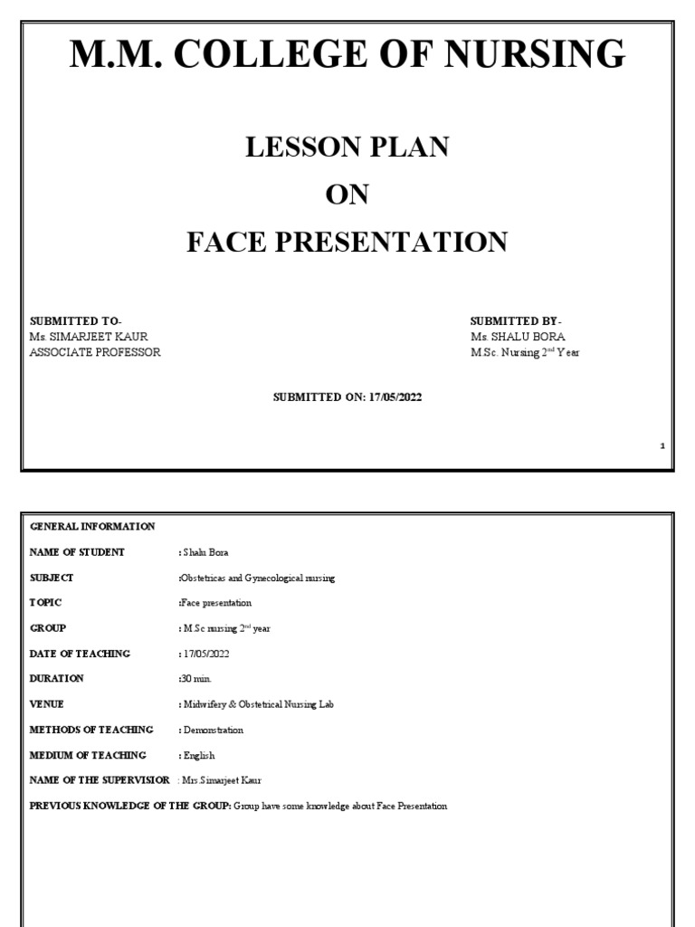 Lesson Plan of Lab Demo Face Presentation | PDF | Pelvis | Childbirth