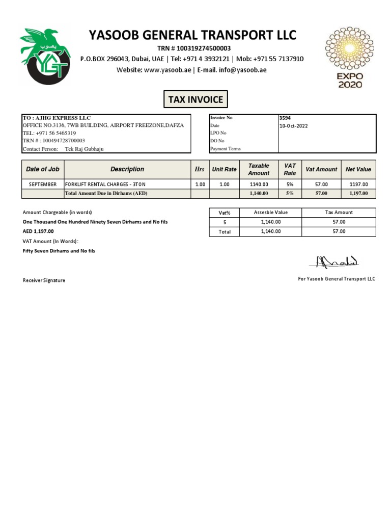Forklift Rental Invoice - AED 1,197 | PDF