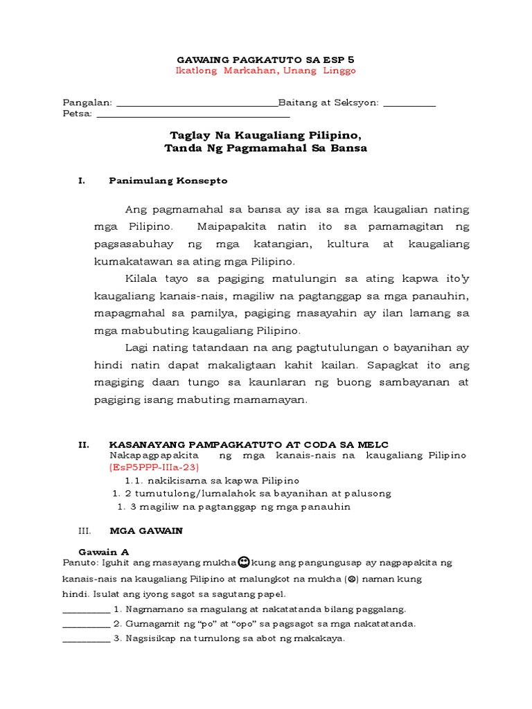 Learning Activity Sheets - ESP-5-Q3-Week 1 | PDF