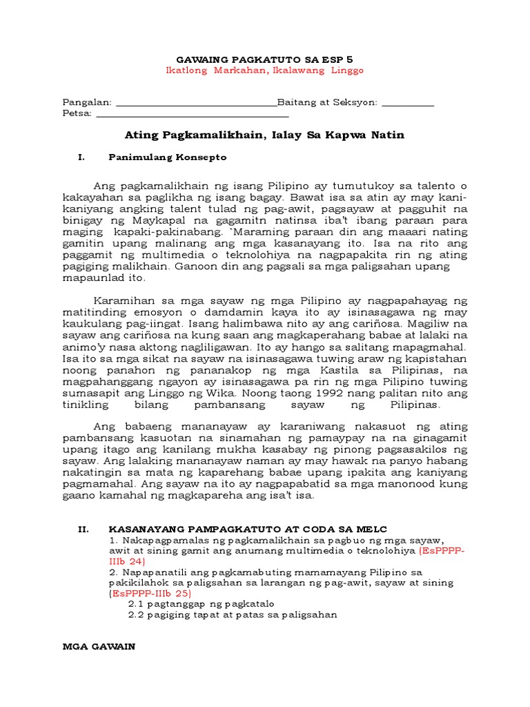 Learning Activity Sheets - ESP-5-Q3-Week 2 | PDF