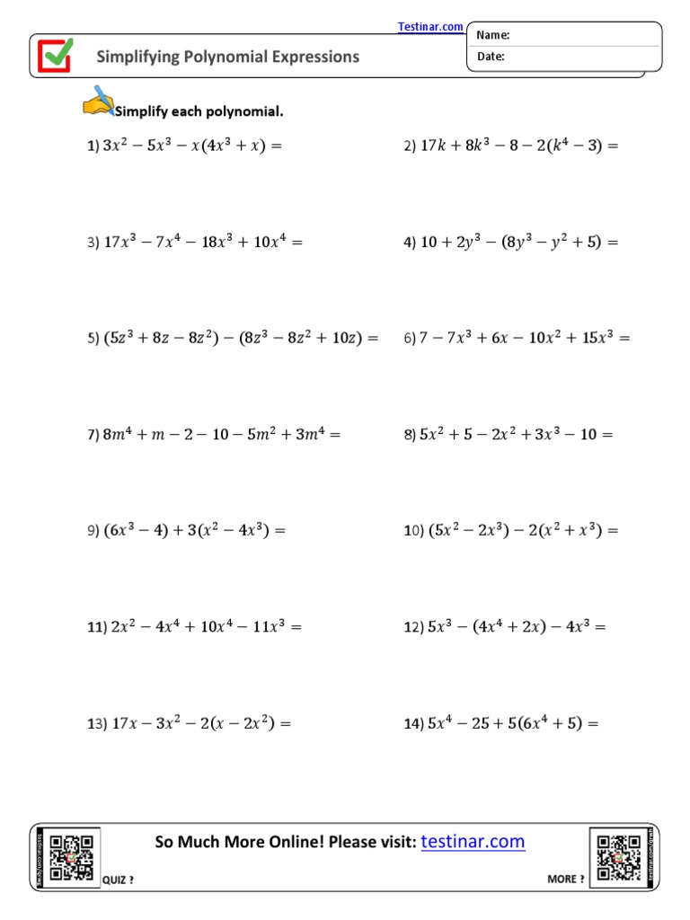 Simplifying Polynomial Expressions Worksheet1 | PDF