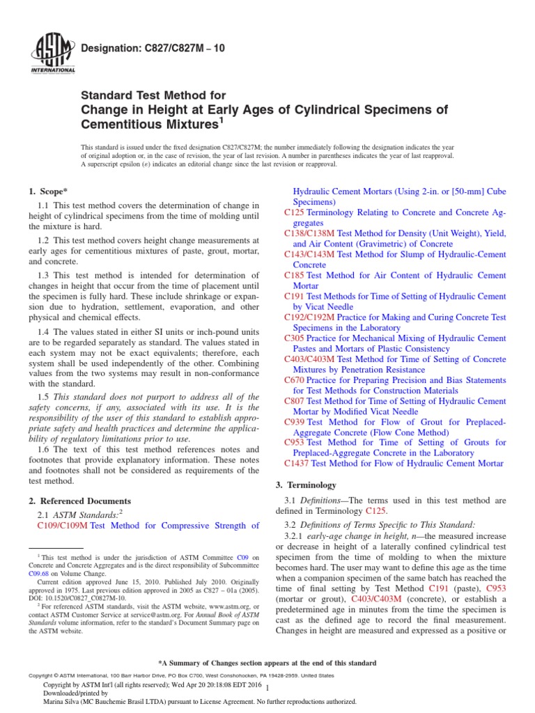 ASTM C 827 - Cilindros de Misturas Cimentícias - Variação de Altura Nas ...