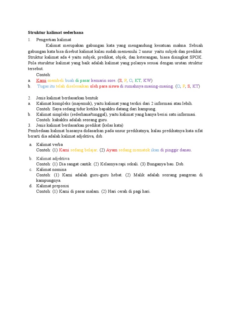 Struktur Kalimat Sederhana (Simpleks) | PDF