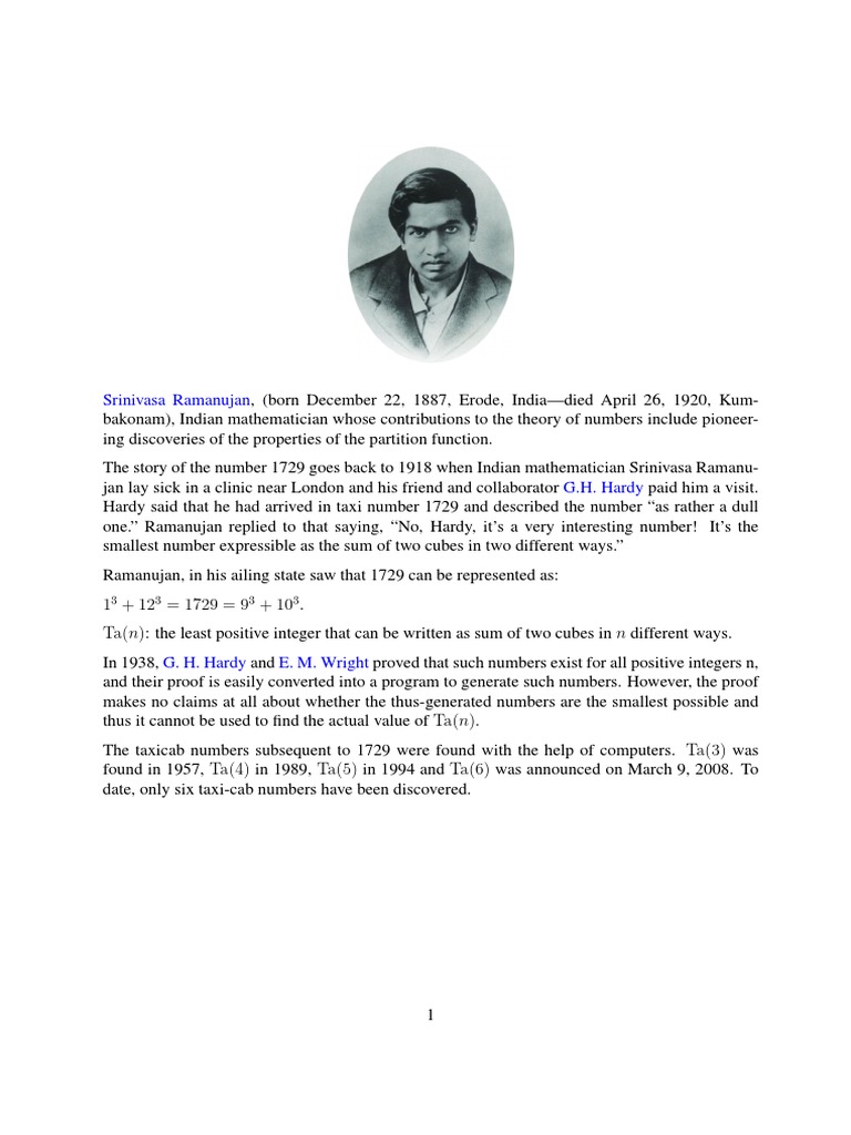 Ramanujan and Taxicab Numbers | PDF | Pi | Mathematics