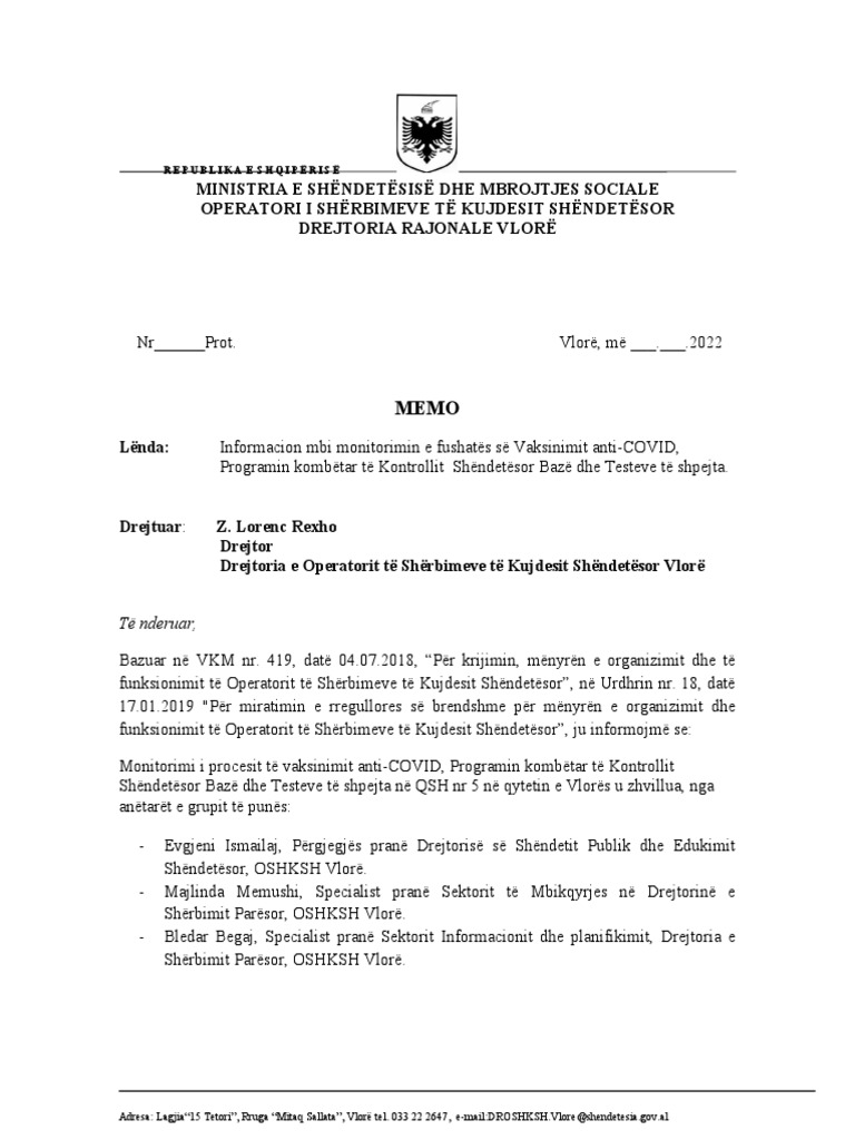 Memo Per Monitorimin e Fushates Se Vaksinimit QSH NR 5 Vlore | PDF