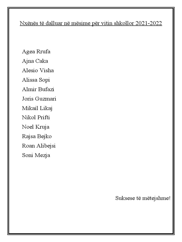 Nxënës Të Dalluar Në Mësime Për Vitin Shkollor 2021 | PDF