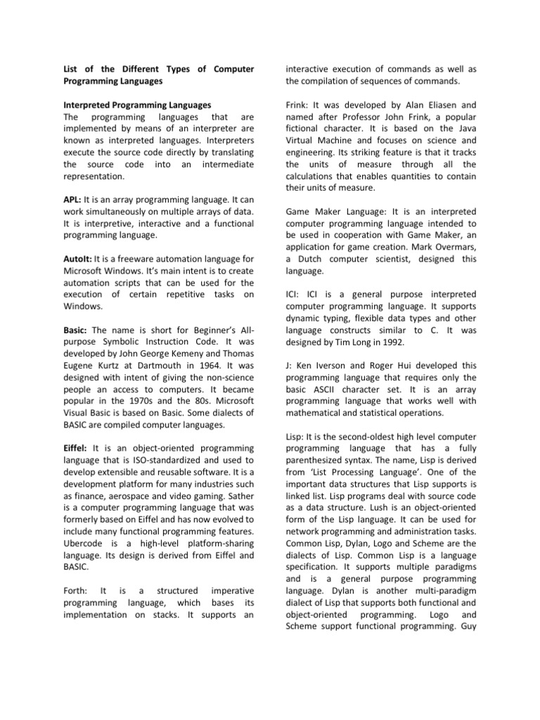 List of The Different Types of Computer Programming Languages | PDF ...