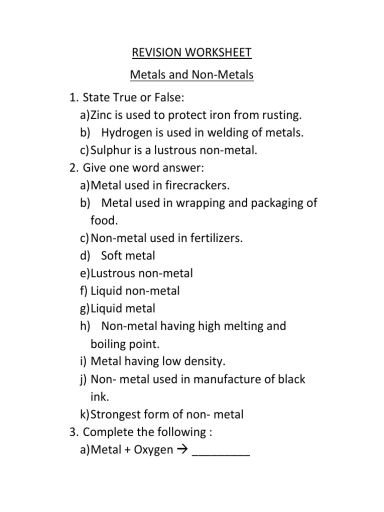 Grade 7 Metals and Non-Metals Worksheet | PDF