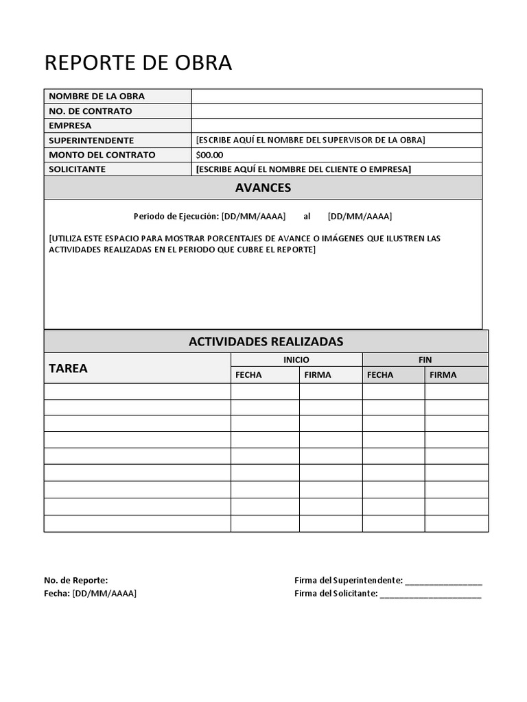Formato de Reporte de Obra para Word | PDF
