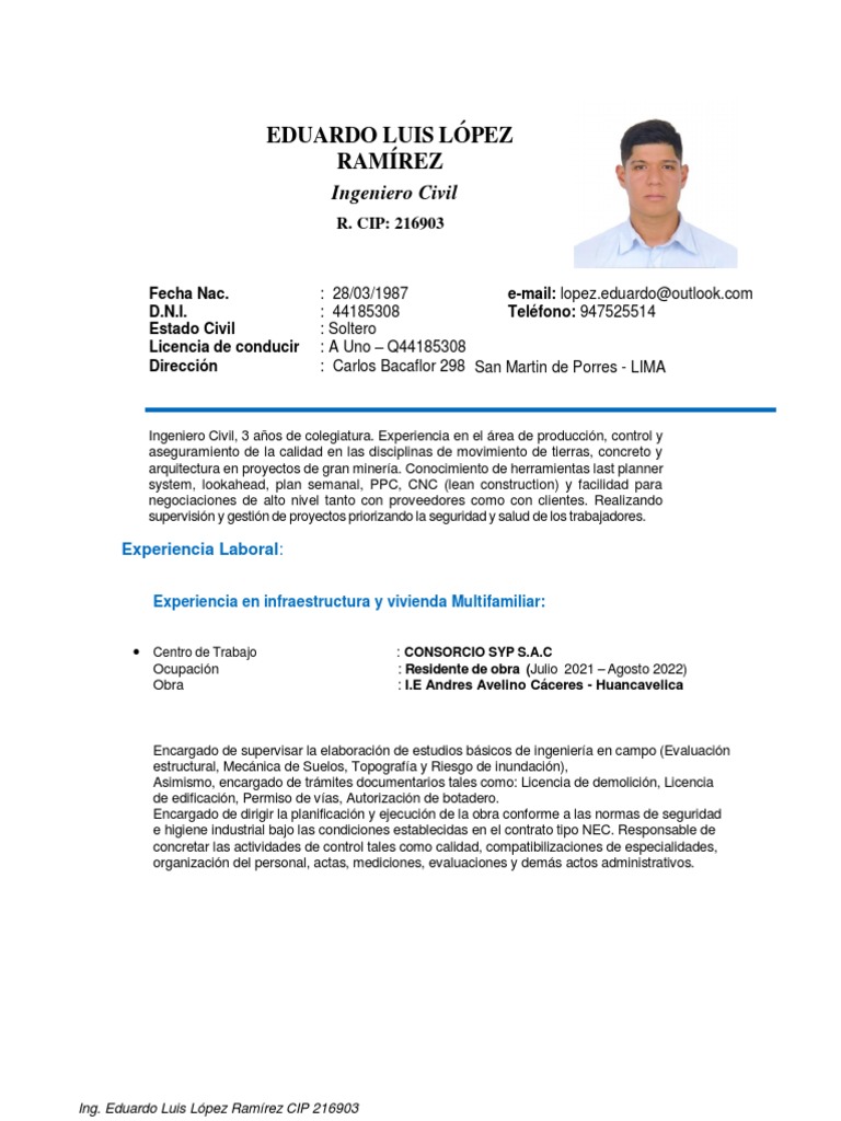CV Ing Eduardo Luis Lopez Ramirez Cip 216903 2022 | PDF | Lima | Ingeniería