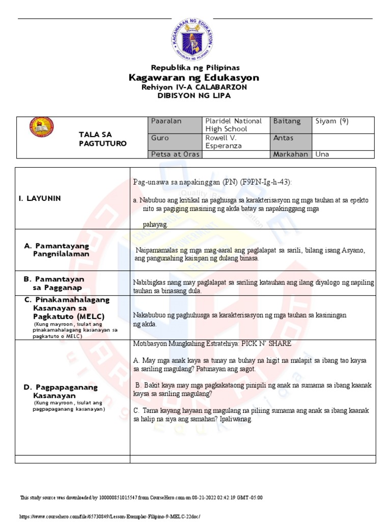 Lesson Exemplar Filipino 9 MELC 22 | PDF