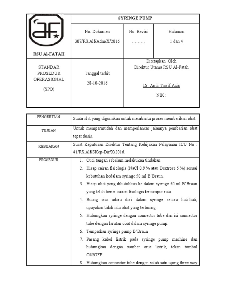 STANDAR OPERASIONAL PROSEDUR PENGGUNAAN ALAT SYRINGE PUMP | PDF