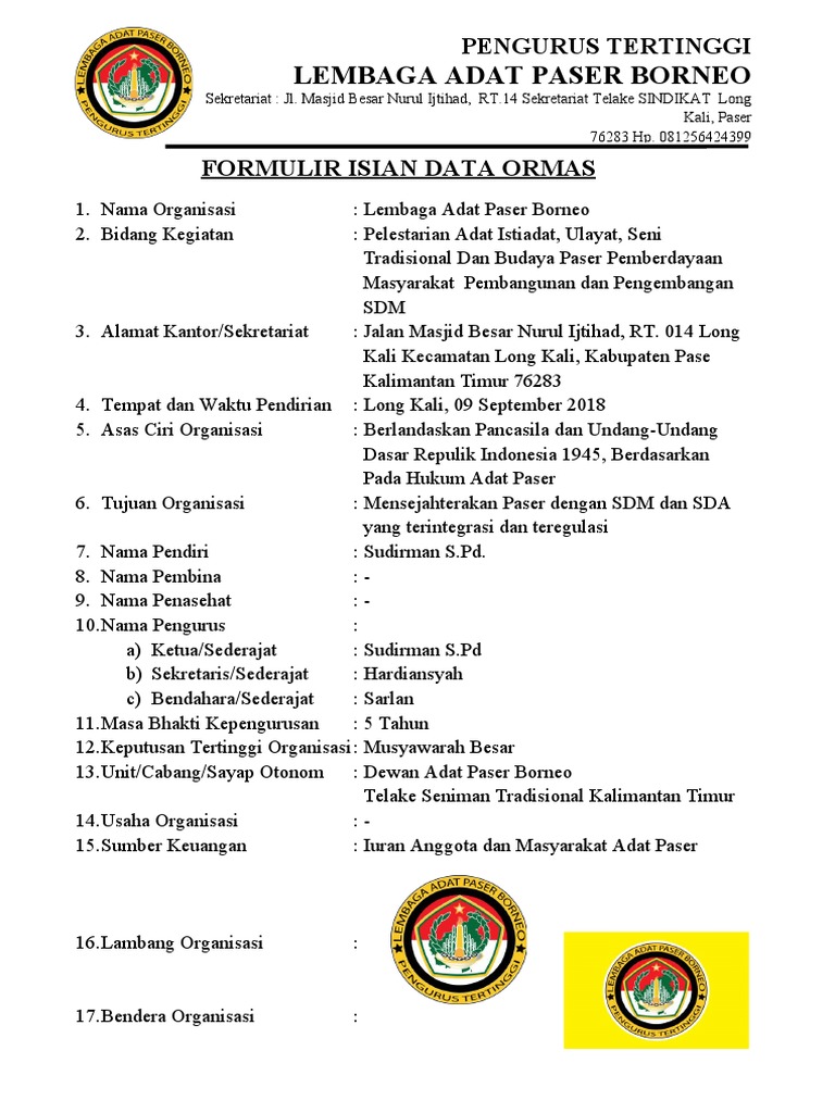 Formulir Isian Data Ormas | PDF