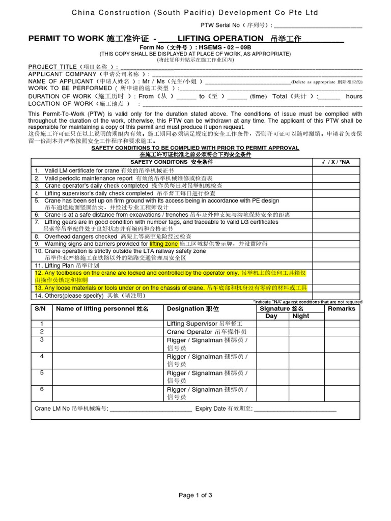 Permit to Work for a Lifting Operation at an Undisclosed Construction ...