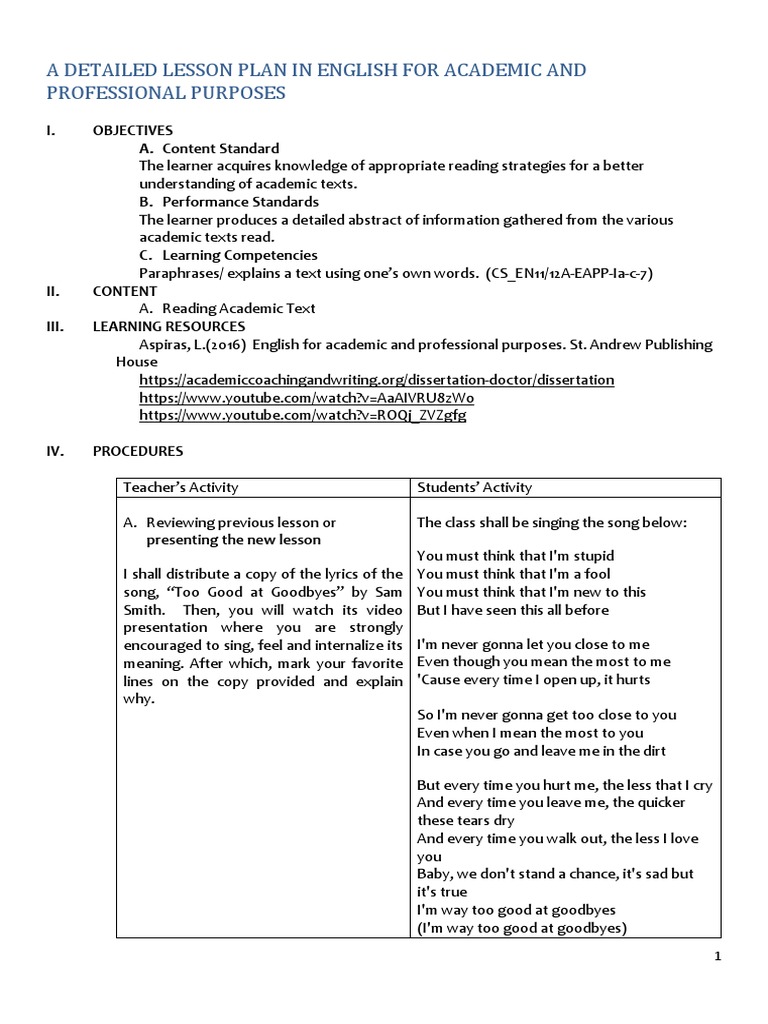 A Detailed Lesson Plan in English For Academic and Professional Purposes | PDF