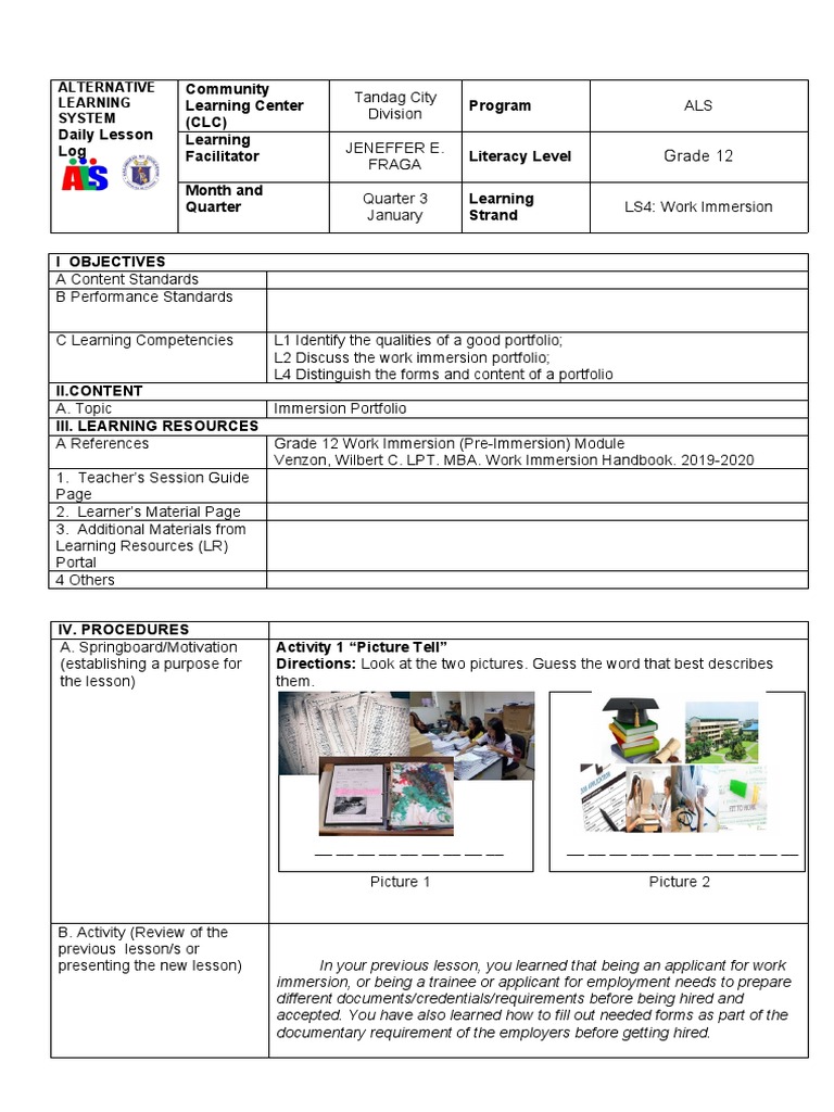 Work Immersion Als SHS DLP | PDF | Learning | Differentiated Instruction
