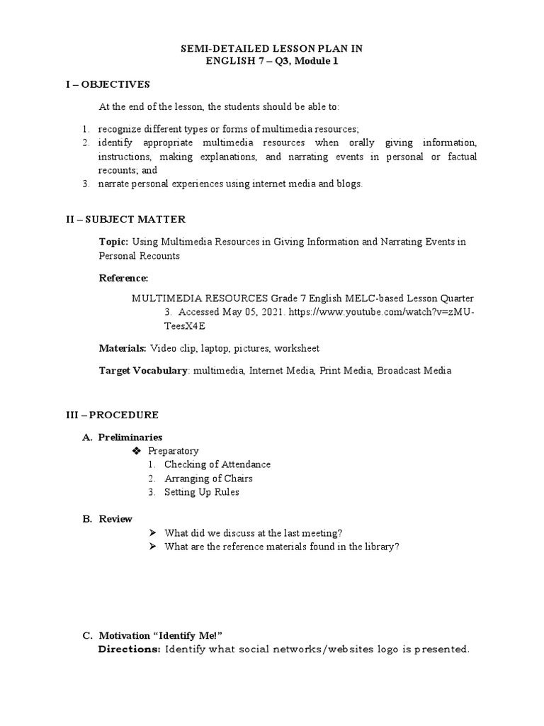 Multimedia Resources Lesson Plan for Grade 7 | PDF | Multimedia | Mass ...