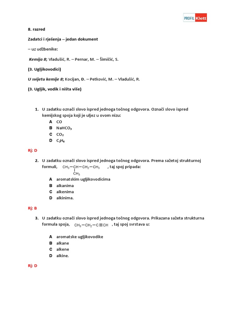 3 Poglavlje Ugljikovodici 8 Raz Zadatci I Rjesenja Lekt | PDF