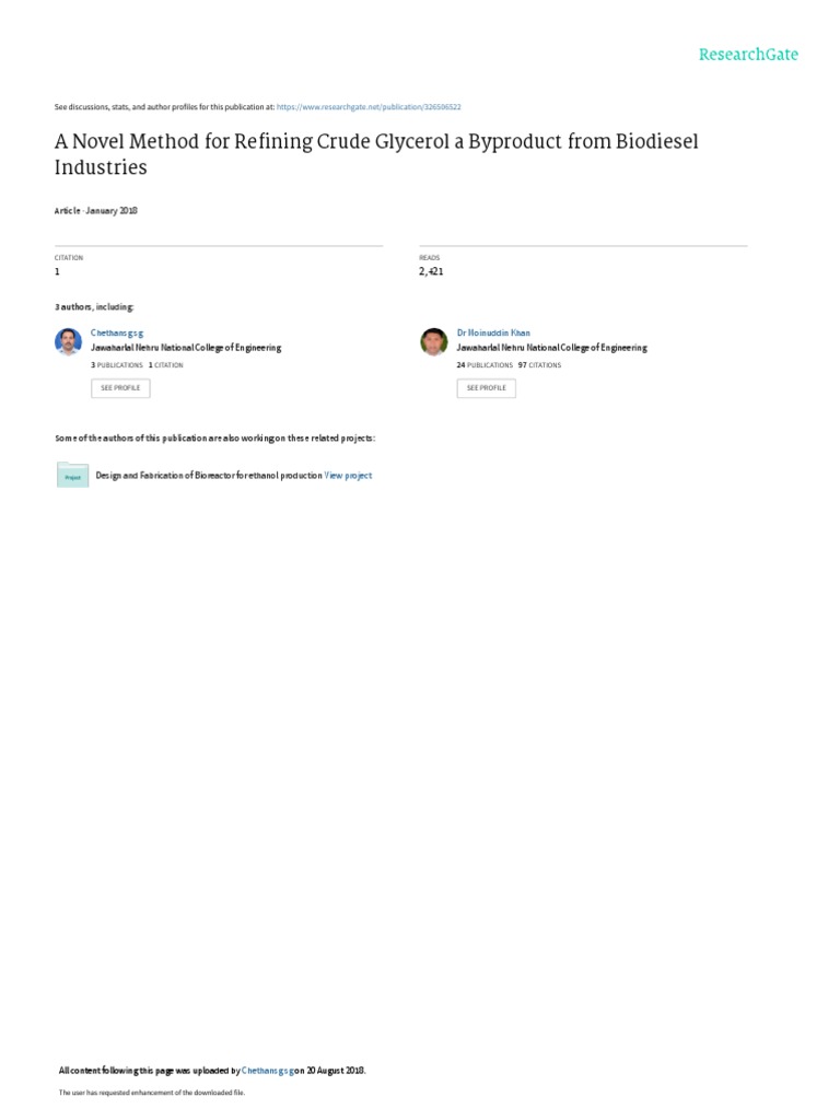 Refining Crude Glycerol A Byproduct From Biodiesel | PDF | High ...