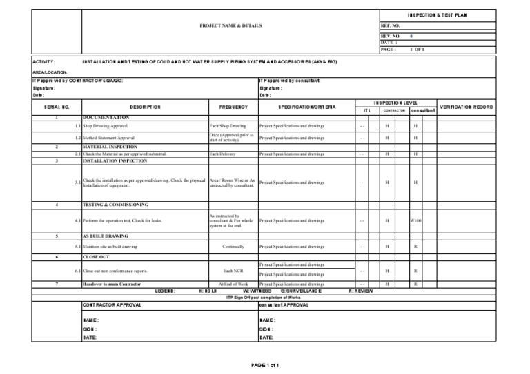 ITP For Domestic Water Piping Installation | PDF