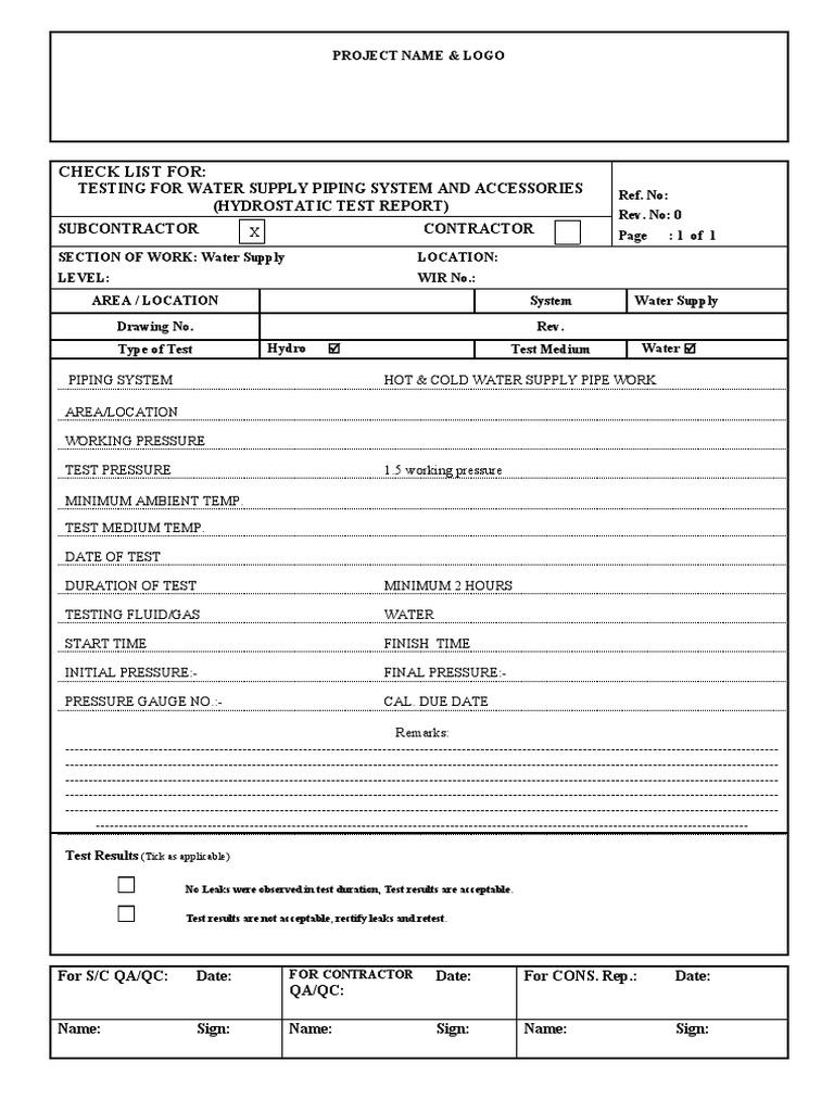 Pressure Test Report For Water Supply Piping | Download Free PDF ...