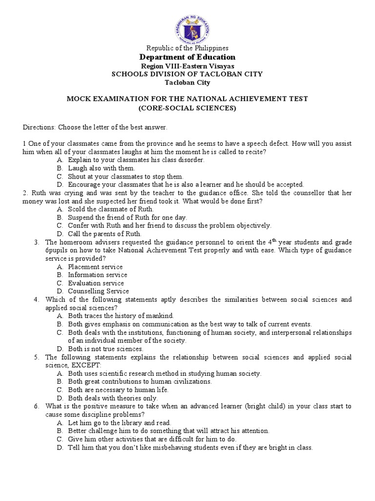 NAT Mock Exam Social Sciences Final 1 | PDF | Socialization | Behavior