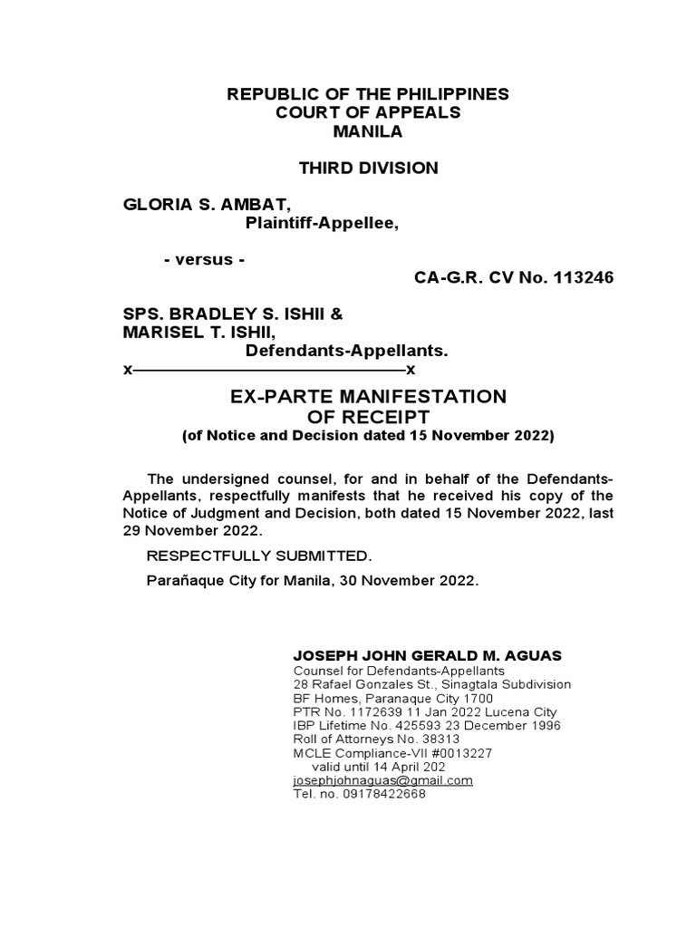 Ex-Parte Manifestation of Receipt | PDF | Law