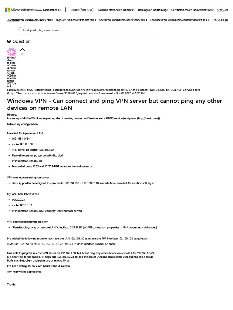 Windows VPN - Can Connect and Ping VPN Server But Cannot Ping Any Other ...
