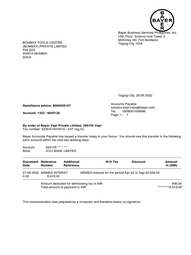 Bayer Payment Transfer Notification | PDF
