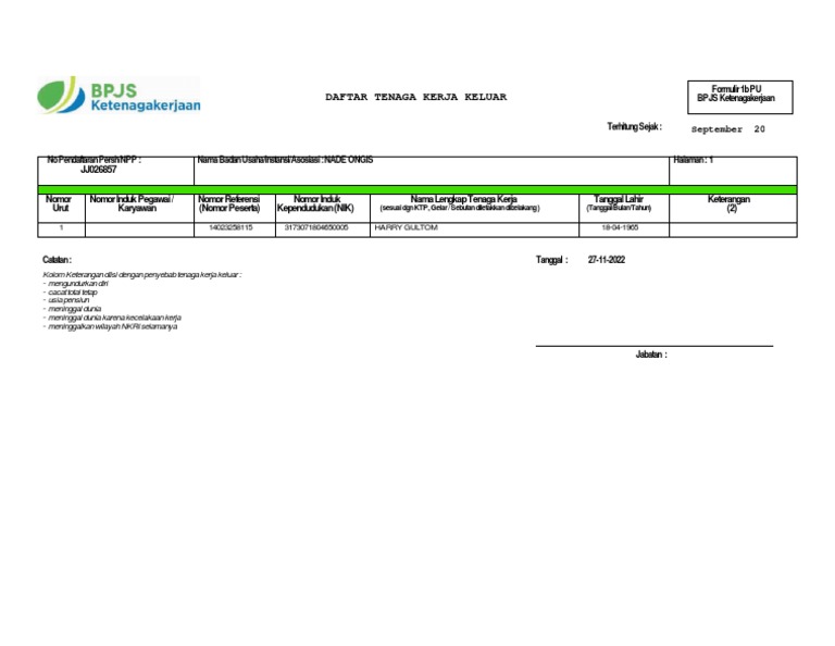 Daftar Tenaga Kerja Keluar: Formulir 1b PU BPJS Ketenagakerjaan | PDF