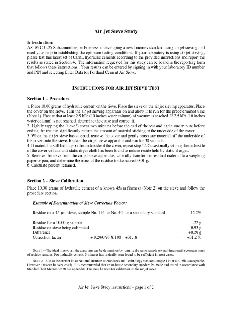 Air Jet Sieve Testing Instructions | PDF | Calibration | Metrology