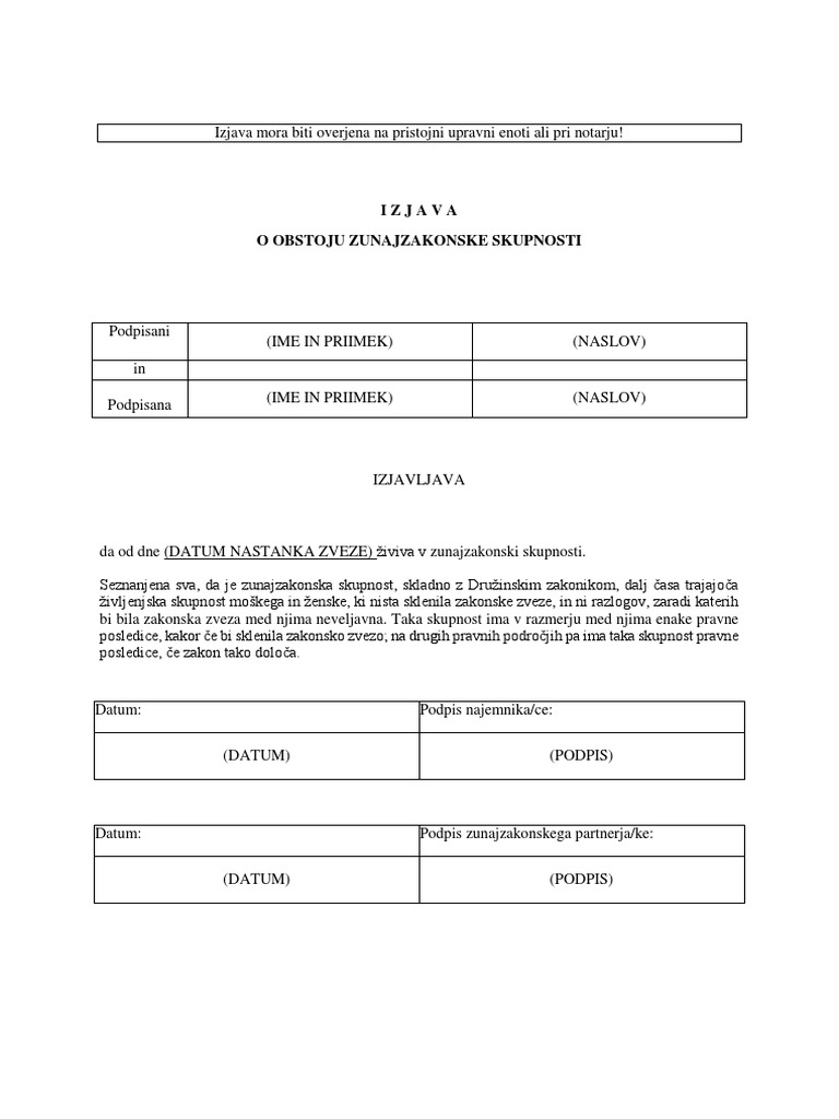 IZJAVA o Obstoju Zunajzakonske Skupnosti - Docx | PDF