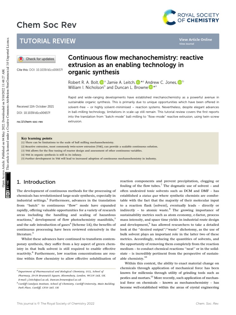 Continuous Flow Mechanochemistry | PDF | Chemical Reactions | Chemistry
