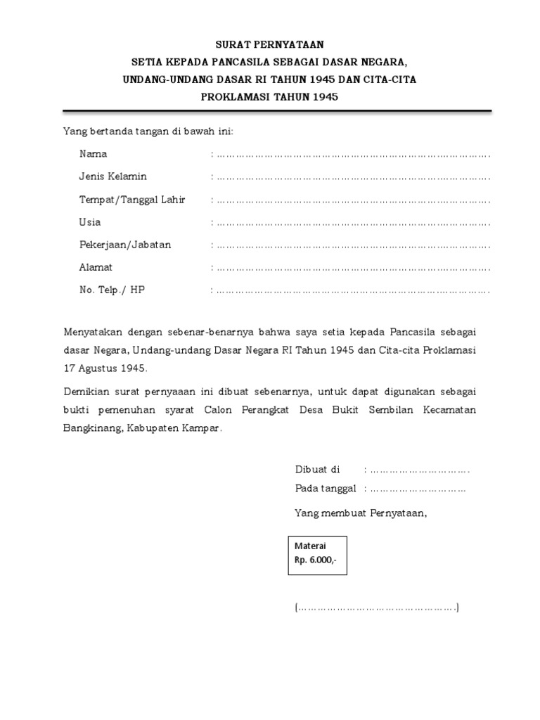 Surat Pernyataan Surat Pernyataan Setia Kepada Pancasila Sebagai Dasar ...