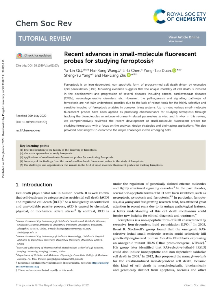 Small-Molecule Fluorescent Probes For Studying Ferroptosis | PDF ...