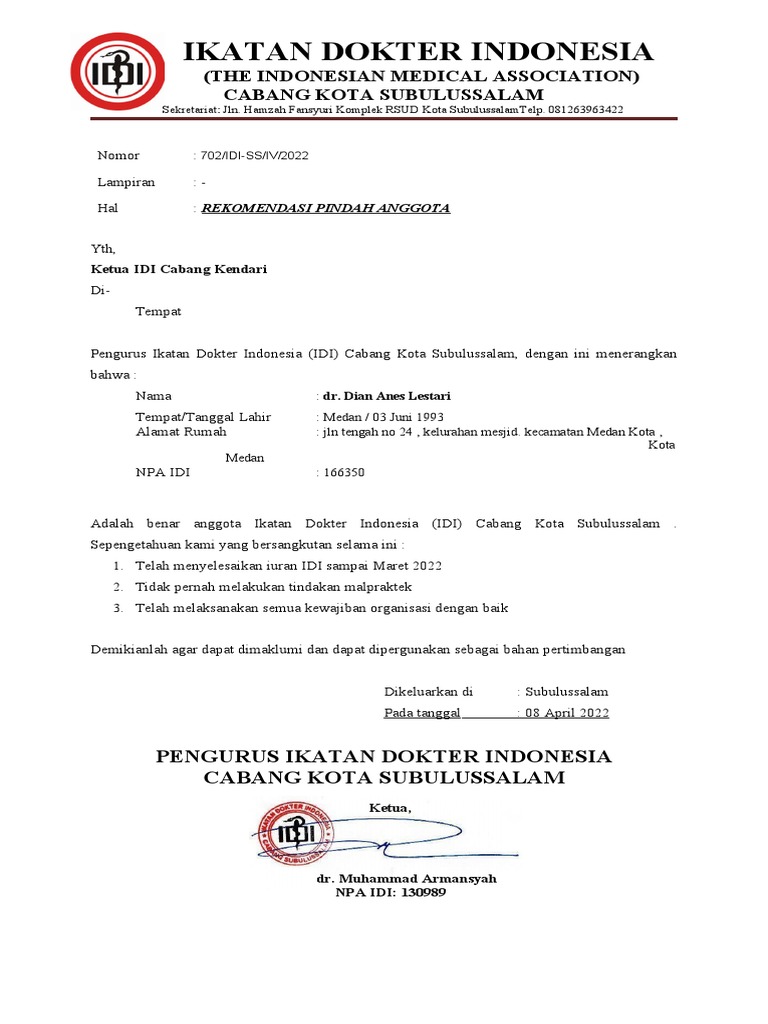 Rekom Mutasi DR Dian Anes | PDF